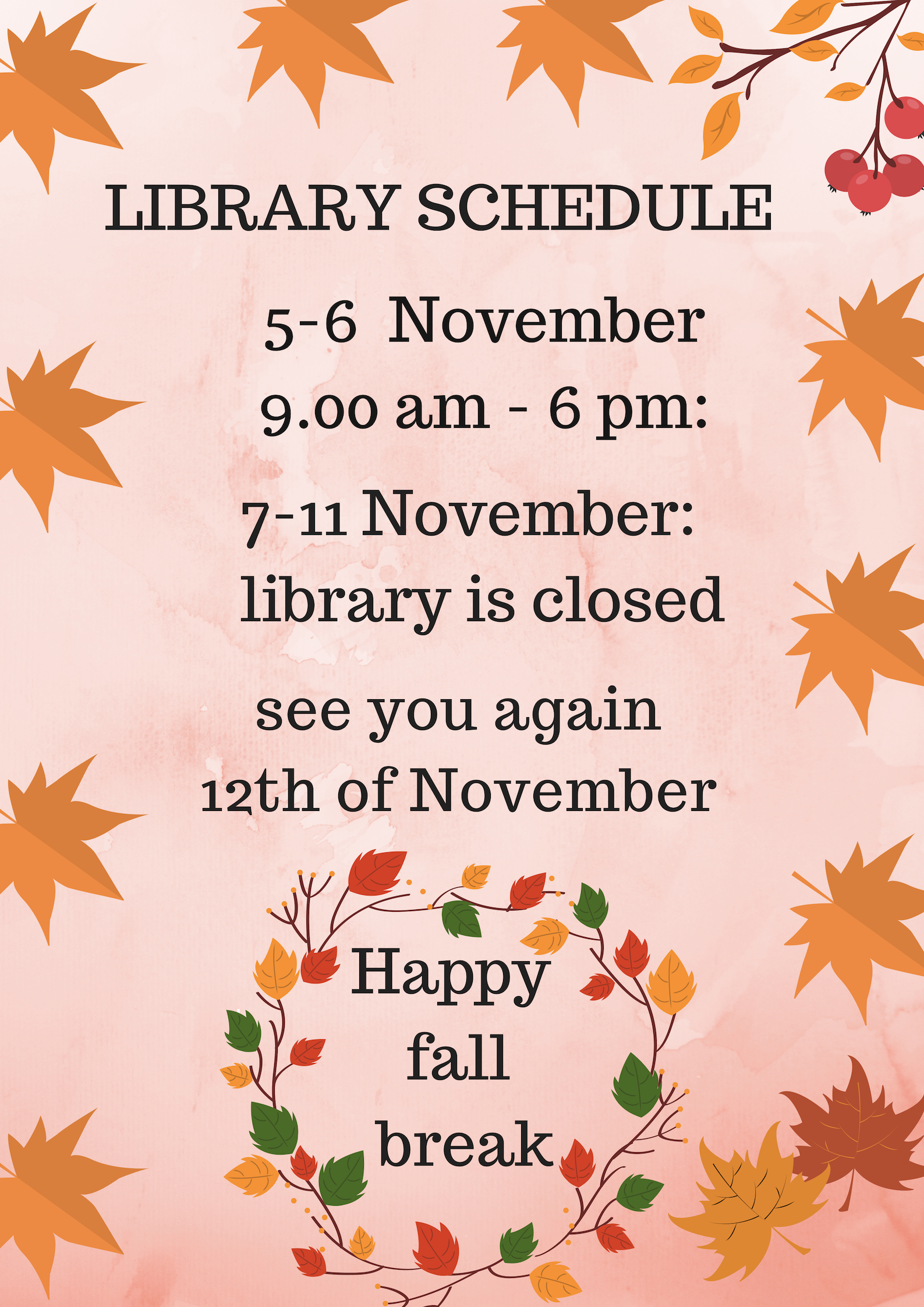 AUCA Library schedule for fall break!